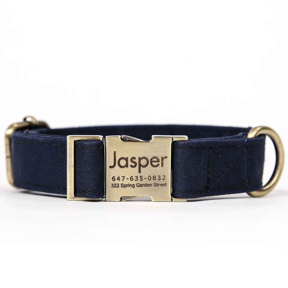 100% Cotton Personalized Dog Collar Engraved Brass - Navy – Angieandallie
